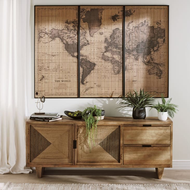 Triptychon mit braunem und schwarzem Weltkartendruck, 174x120cm | Maisons du Monde