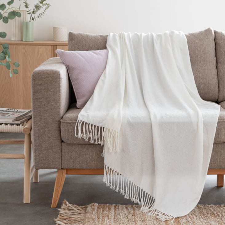 Witte chenille plaid van gerecycleerd polyester met franjes, 130 x 170 ...