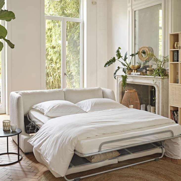 Witte slaapbank uit bloucéstof met 2/3 zitplaatsen, matras van 14 cm ...