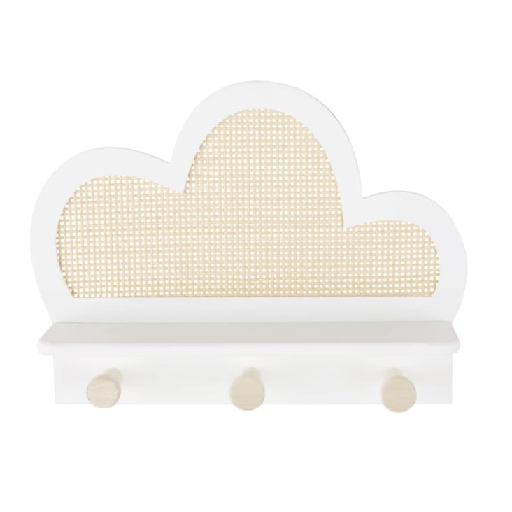 Wolkvormige ecru kapstok van gevlochten rotan met drie haken en schap ...