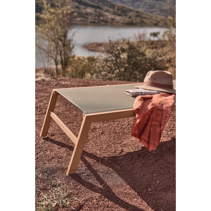 Seconde chance - Bain de soleil en aluminium imitation bois et toile plastifiée vert kaki Hawai ...