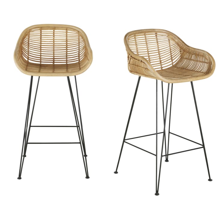 2 Barstühle aus Rattan und schwarzem Stahl, H76cm Pitaya | Maisons du Monde