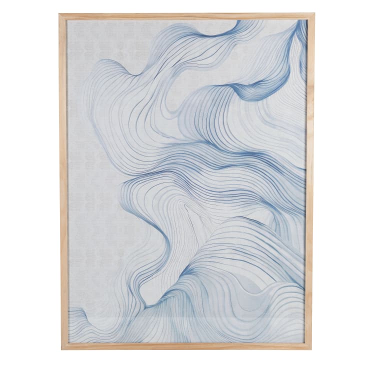 Abstracte blauwe en witte bedrukte en geschilderde doek onder glas en ...