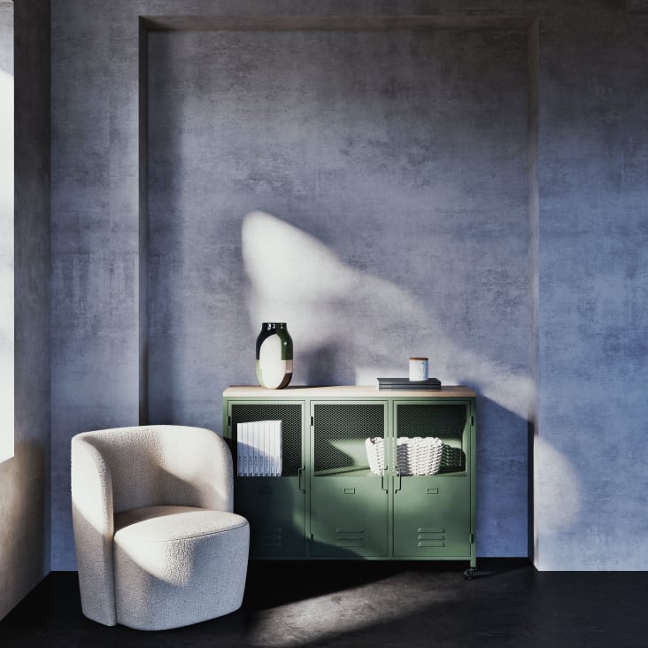 Aparador industrial de abeto y metal verde con ruedas y 3 puertas ...