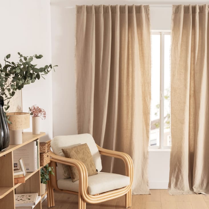 Beige katoenen en linnen gordijn met verborgen plooien, per stuk ...