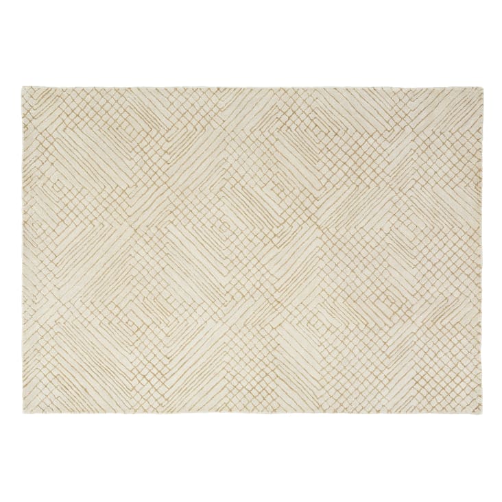 Beige wollen bewerkt tapijt met geometrische motieven, 140x200 ...