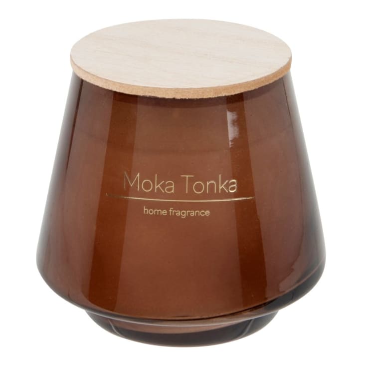 Candela profumata in vetro marrone e coperchio in legno beige 410g EVY ...