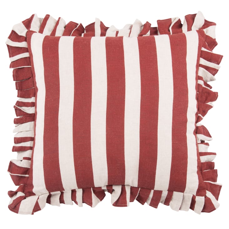 Cojín de lino de rayas beige y burdeos con volantes 45x45 cm Avola ...