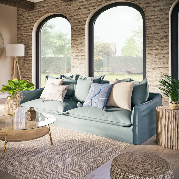 Divano 5 posti in lino blu celadon Barcelone | Maisons du Monde