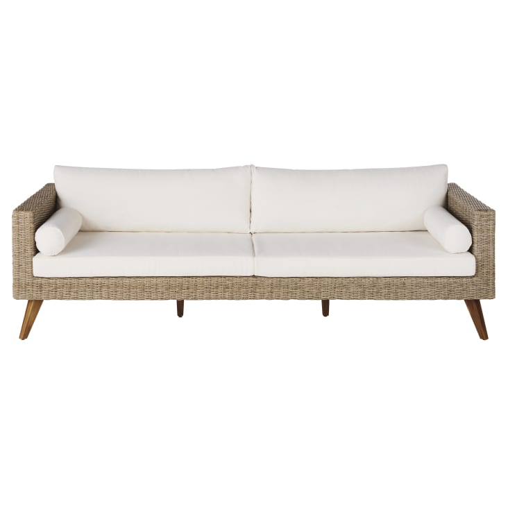 Divano da giardino 3/4 posti in resina intrecciata beige con cuscini ...