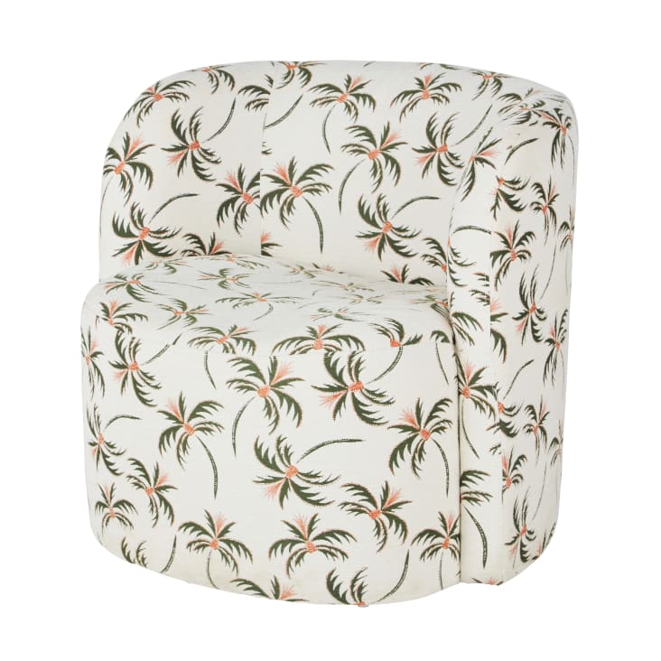 Fauteuil en textile recyclé tissé jacquard beige motifs palmiers verts et oranges Bobun ...