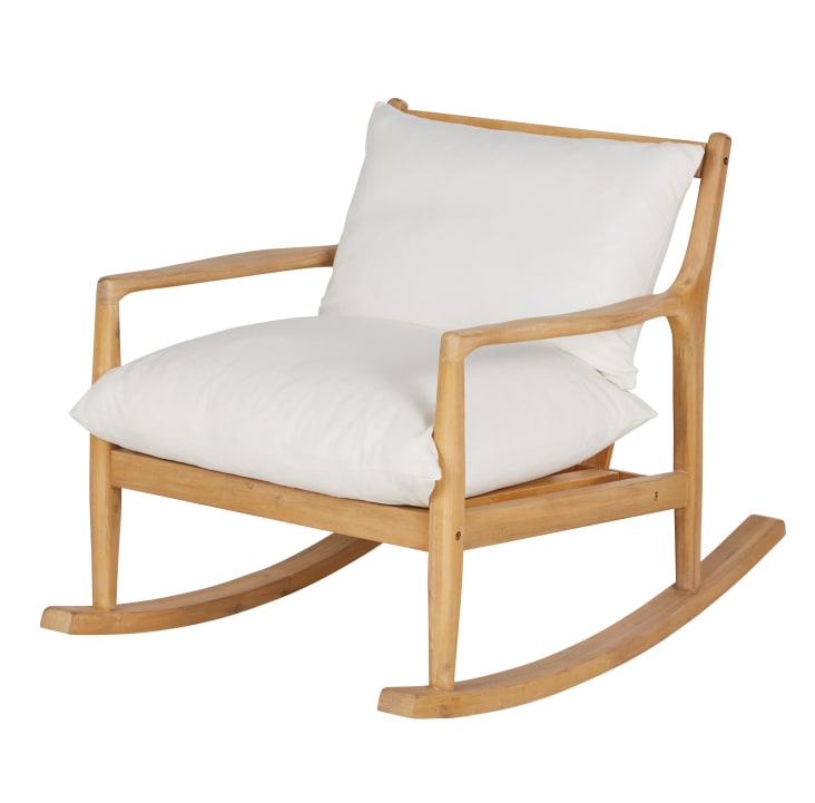 Fauteuil rocking chair en bois d'acacia coussins en coton et lin écru ...