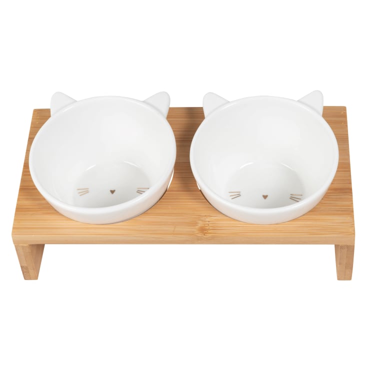 Gamelles en porcelaine (x2) support en bambou Miaou miaou | Maisons du ...