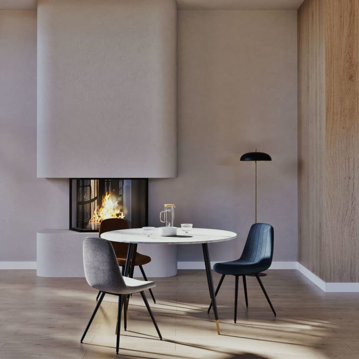 Glazen eettafel met wit marmereffect, zwart en messingkleurig metaal ...