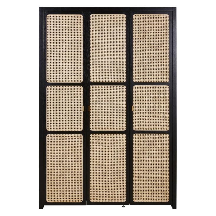 Guardaroba a 3 ante battenti nero, rattan incannucciato e metallo color ...