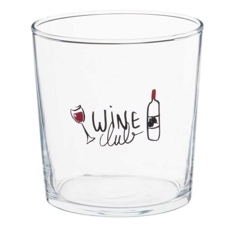 Helder glazen glas met zwarte, witte en rode opdruk Wine Club | Maisons ...