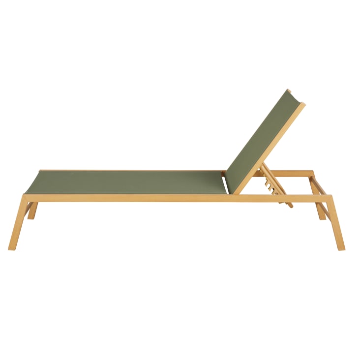 Ligbed van aluminium met houtlook en kakigroene geplastificeerde stof ...