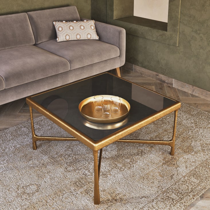 Mesa de centro em metal com efeito latão envelhecido e vidro temperado ...