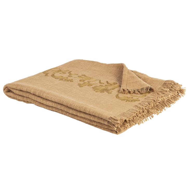 Plaid en coton vert olive à franges avec bandes florales brodées 130x170 Bloms | Maisons du Monde