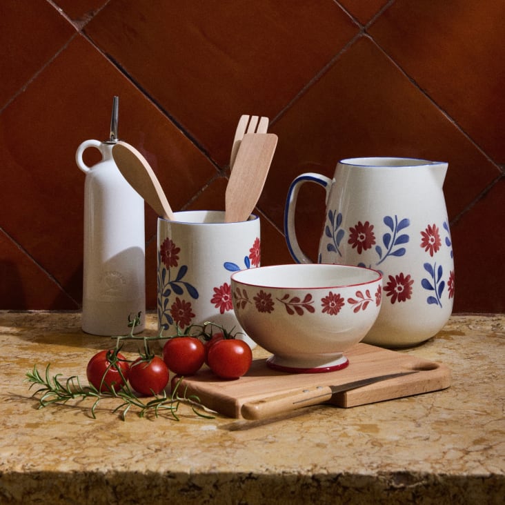 Pot à ustensiles en céramique blanche motif floral bleu et rouge et ...