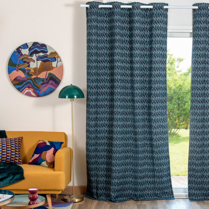 Rideau à œillets motifs tissés jacquard bleus à l'unité 140x250 GALENE ...