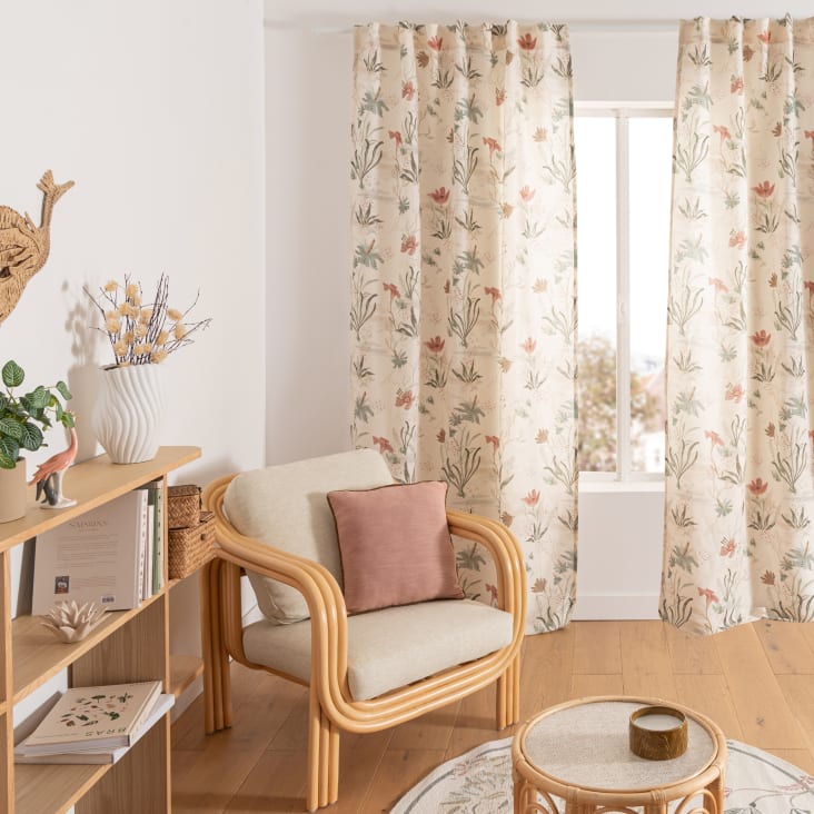 Rideau à pattes cachées en lin et coton écru à imprimé floral ...