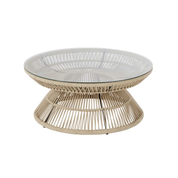 Ronde lage tuintafel van beige touw en glas 80 cm Figuera | Maisons du ...