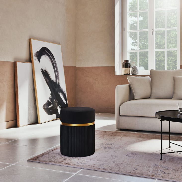 Ronde poef zwart en goud Pamona | Maisons du Monde