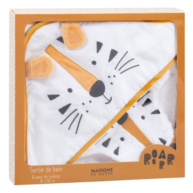 Sortie de bain bébé en coton blanc avec tête de tigre jaune moutarde et ...