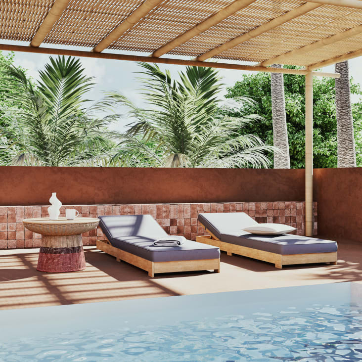 Table basse de jardin ronde en bois de teck et résine tressée corail et ...