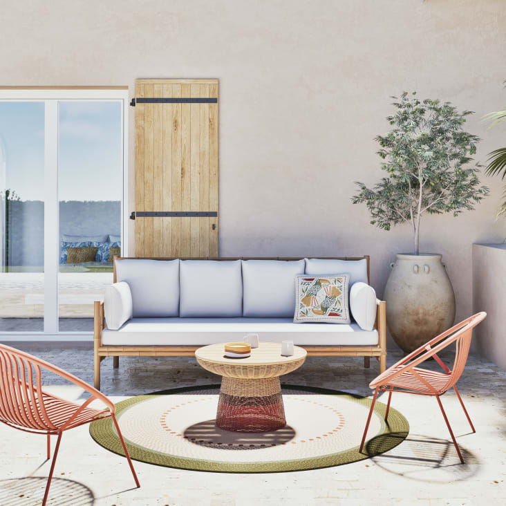 Table basse de jardin ronde en bois de teck et résine tressée corail et ...