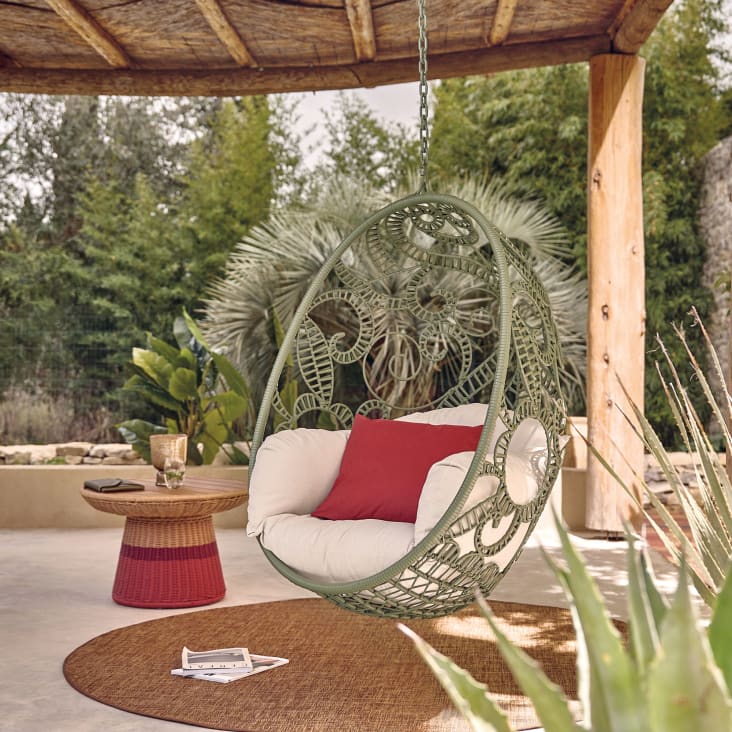 Table basse de jardin ronde en bois de teck et résine tressée corail et ...