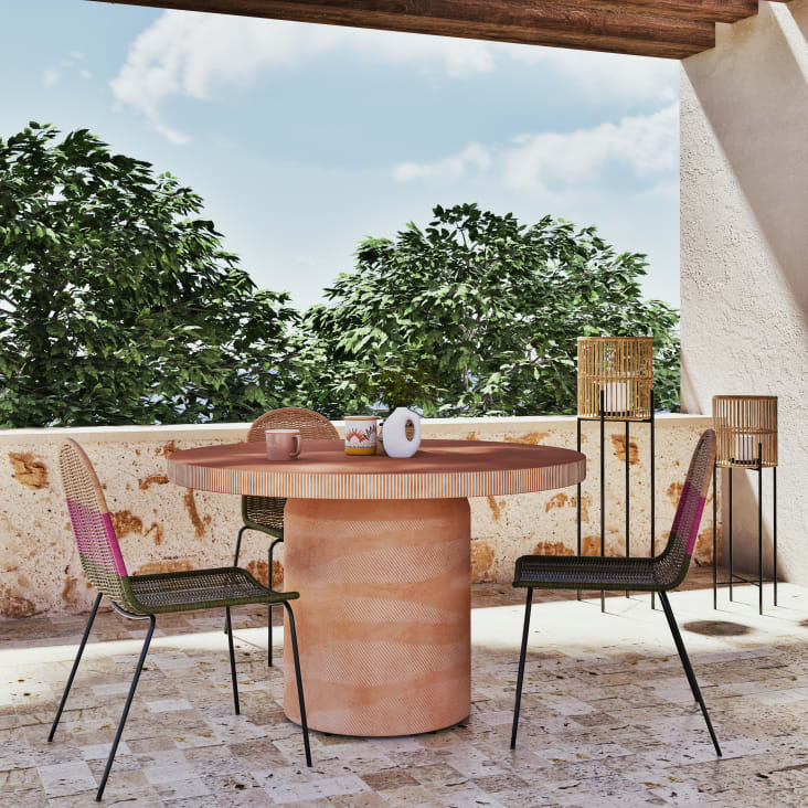 Table de jardin ronde en fibre de ciment gravé coloris argile orangé 4 ...