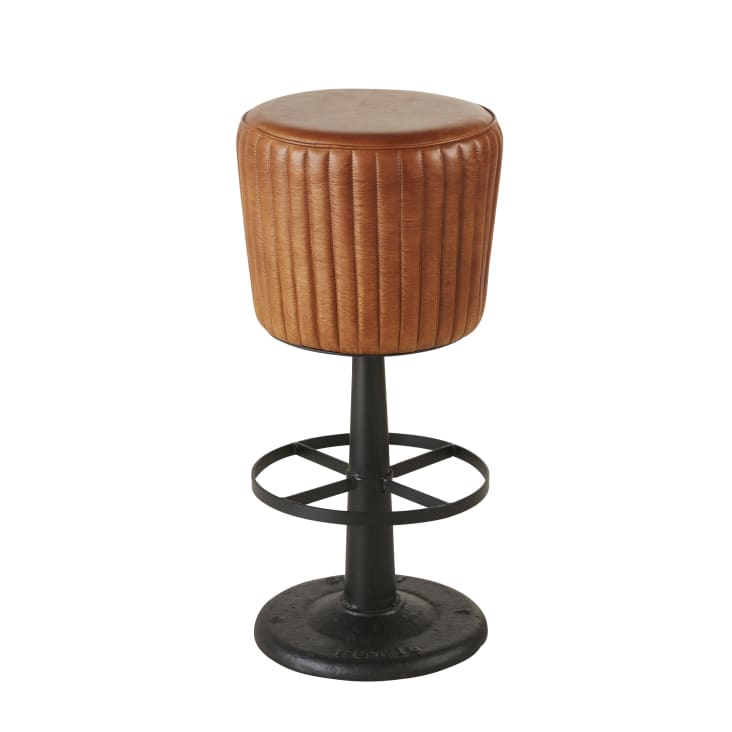 Tabouret de bar matelassé en cuir de buffle marron et acier noir H78 ...