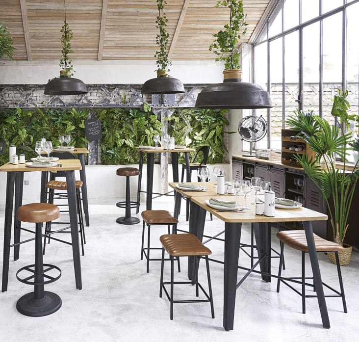 Tabouret de bar professionnel en cuir de buffle camel et acier noir ...