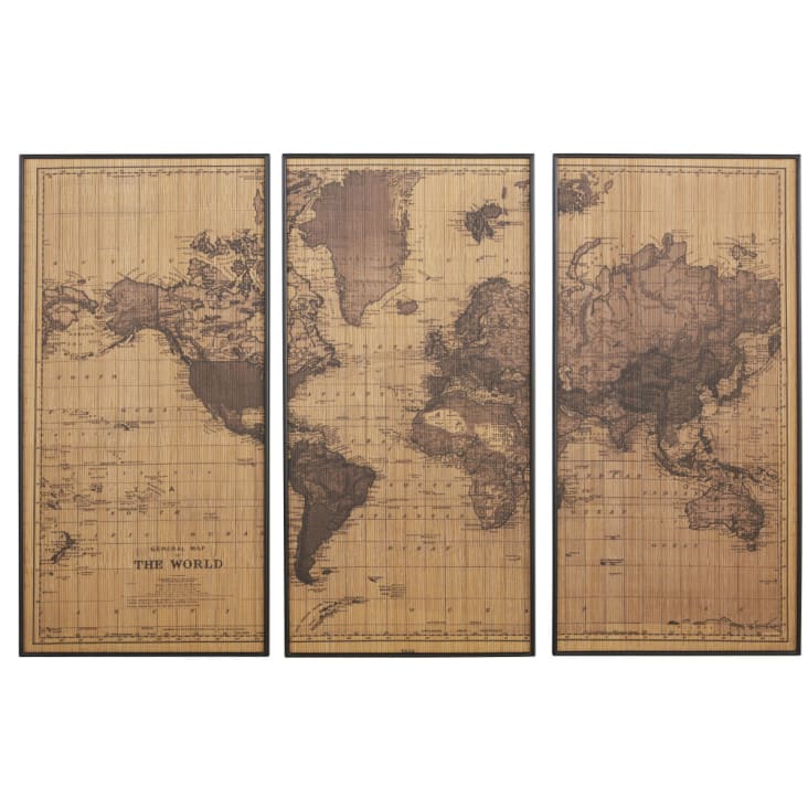 Triptychon mit braunem und schwarzem Weltkartendruck, 174x120cm | Maisons du Monde