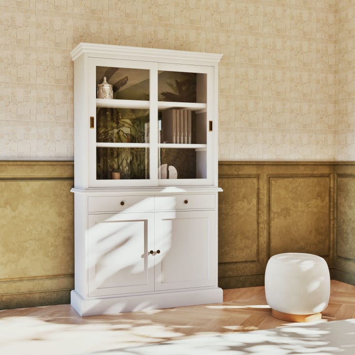 Vitrine mit 4 Turen und 2 Schubladen weiB Pflanzenaufdruck