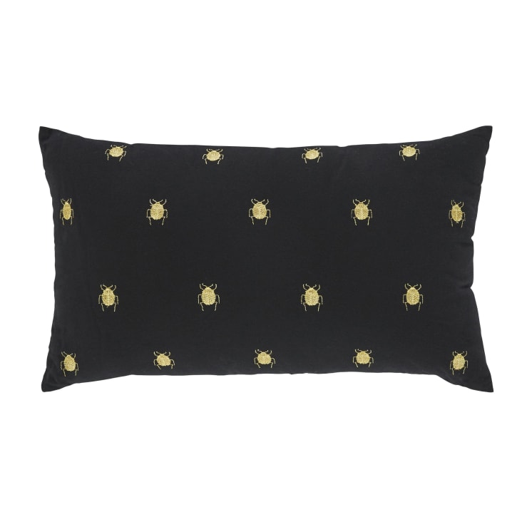 Zwart gerecycleerd polyester kussen met geborduurde kevers 30x50 ...
