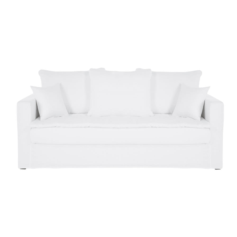 White 3 Seater Washed Linen Sofa Bed Célestin Maisons Du Monde