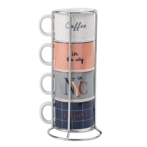 Espresso-Tassen aus buntem Porzellan (x4) und Metallhalter New York ...