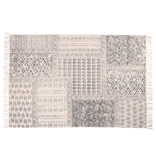 Geweven tapijt van gerecycled katoen met patchwork print in zwart en ...
