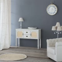 Weißes Sideboard mit 2 Türen, 2 Schubladen, natürliches Rohrgeflecht ...