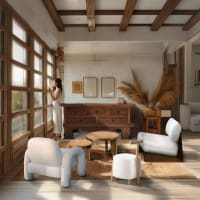 Niedriger Sessel aus massivem Mindiholz und ecrufarbenem Stoff Brune ...