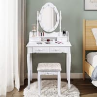 Coiffeuse avec taboutret et miroir avec éclairage et multiprise blanc ...