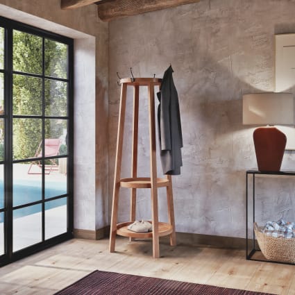 Kledingrek van massief mangohout, smeedijzeren en aluminium haken ...