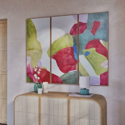 Trittico astratto multicolore su tela, stampato e dipinto 150x119 cm ...