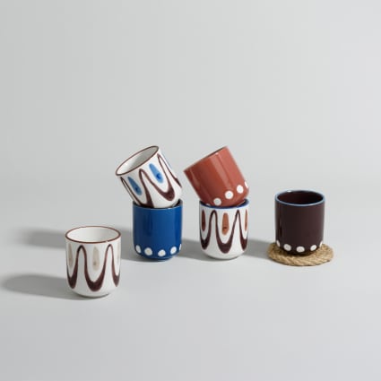 Juego de 6 tazas de cerámica azul, marrón y blanca con posavasos de ...