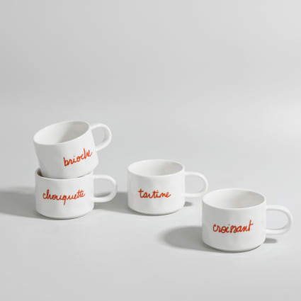 Set van 4 witte en rode keramische mokken en stalen standaard Miya ...