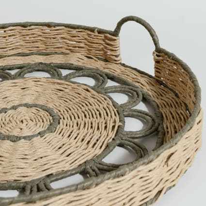 Rundes Tablett aus beigefarbenem und khakifarbenem Papier und Stahl ...