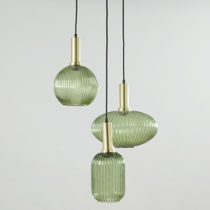 Lampada a sospensione nera con 3 paralumi in vetro rigato verde Omaja ...